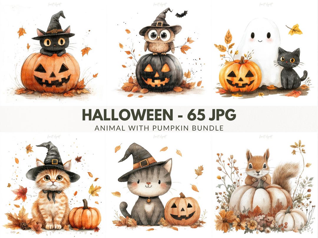 65 JPG Halloween Bundle Watercolor Clipart, White Background, Autumn ...