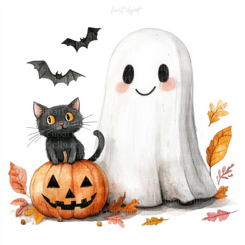 10 Cute Halloween Ghosts With Pumpkin and Cat Watercolor Clipart, JPG ...