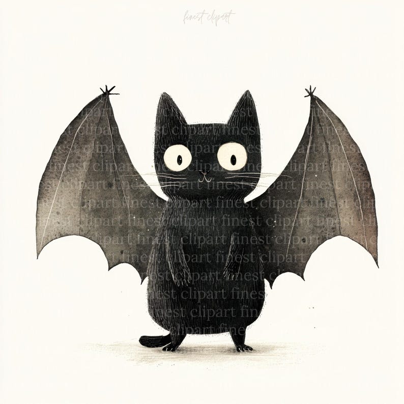 11 Black Cartoon Cat With Bat Wings Watercolor Clipart, JPG With White ...