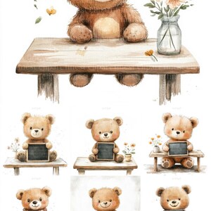 10 Teddy Bear With Blackboard Watercolor Clipart, JPG With White ...