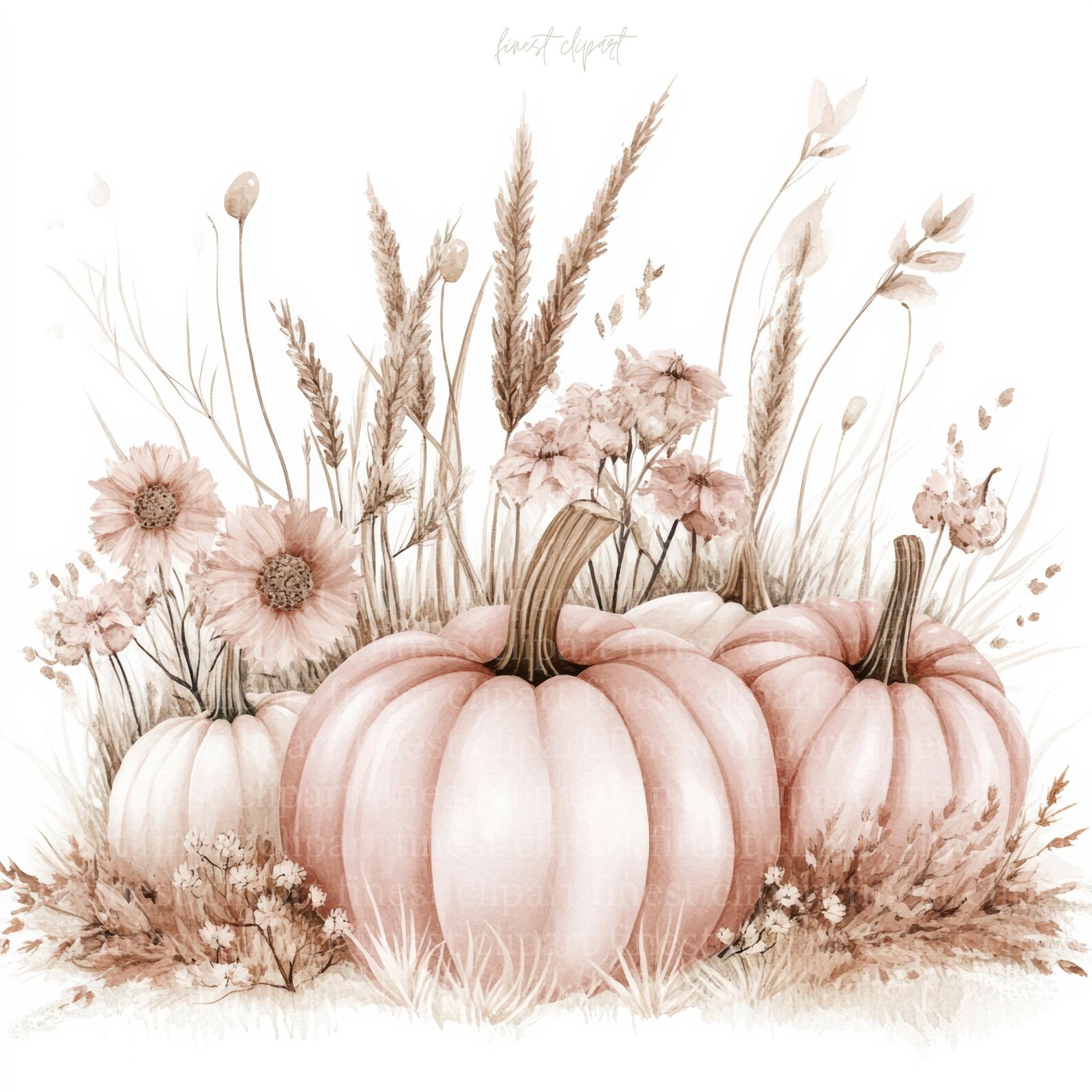 12 Blush Pink Pumpkin Watercolor Clipart, Floral JPG, White Background ...