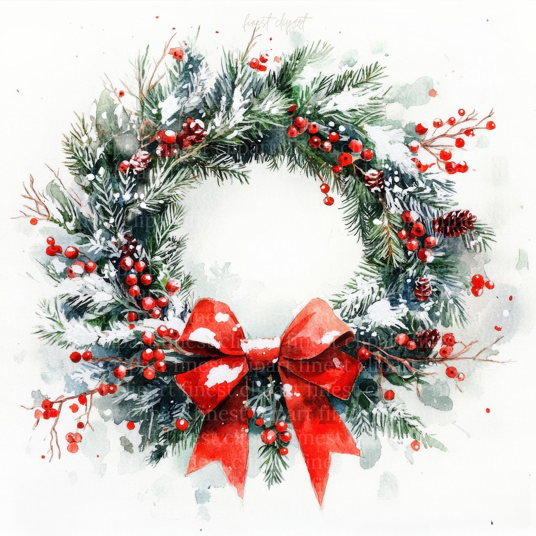 12 Christmas Wreath Watercolor Clipart, Snowy Winter Wreath, JPG on ...