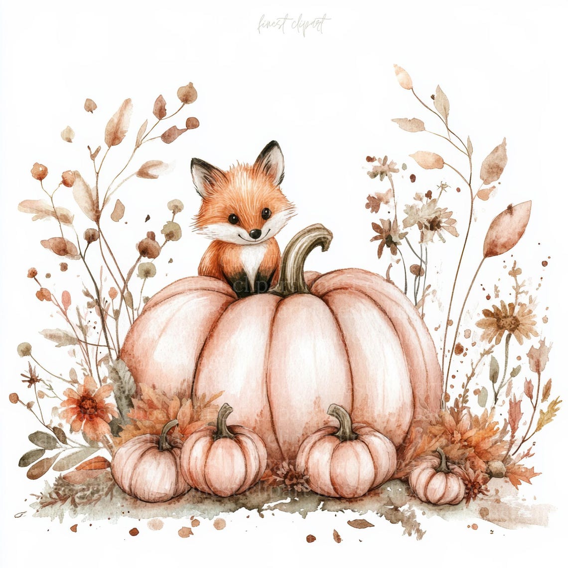 12 Autumn Pumpkins With Baby Fox Watercolor Clipart, JPG White ...