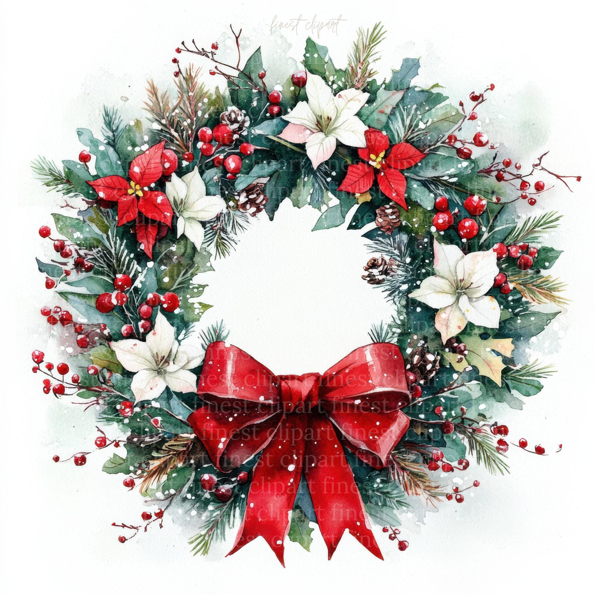 12 Christmas Wreath Watercolor Clipart, Snowy Winter Wreath, JPG on ...