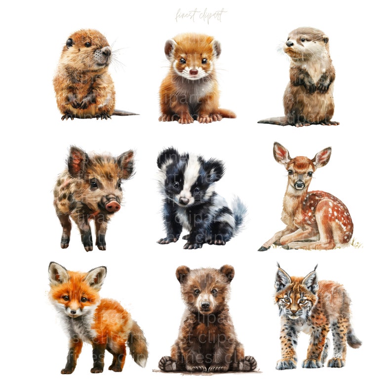 Woodland Baby Animal Clipart Set: 17 PNG Files, Naturalistic Watercolor ...