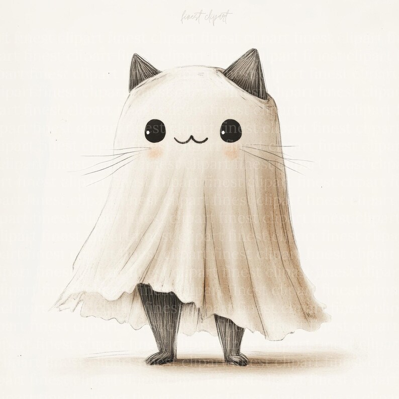 10 Cute Ghost Cat, Halloween Watercolor Clipart, JPG on White ...