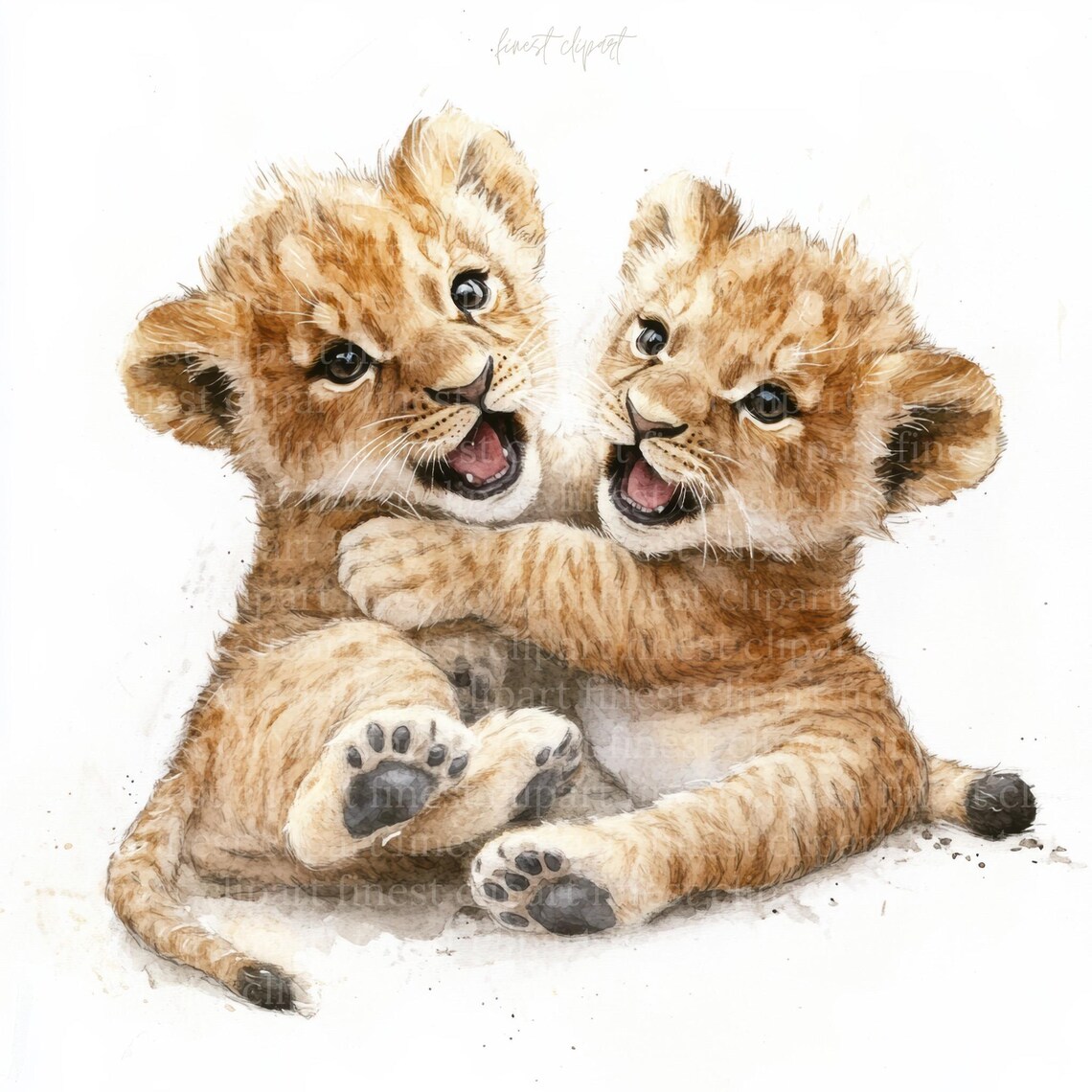 15 Cute Playing Lion Babies Watercolor Clipart, JPG With White ...