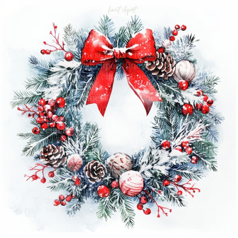 12 Christmas Wreath Watercolor Clipart, Snowy Winter Wreath, JPG on ...