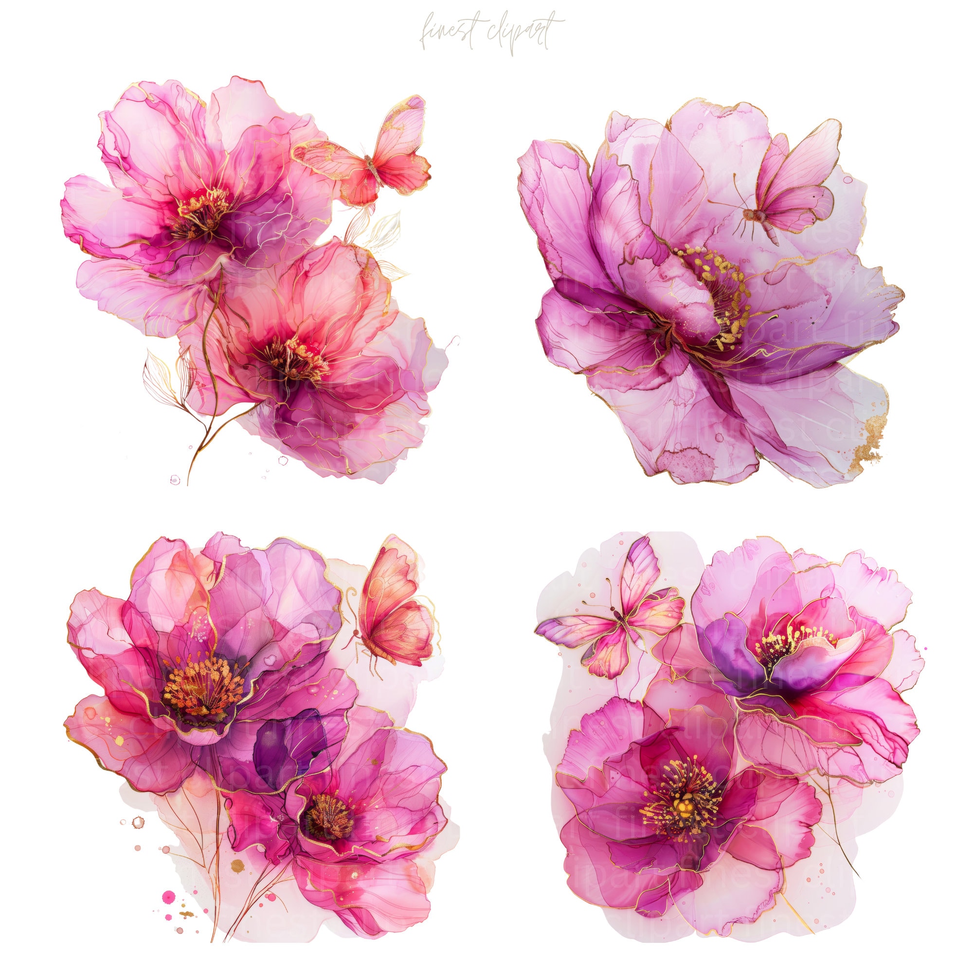 15 Abstract Watercolor Flower Clipart PNG Set Pink and Gold Blossoms ...