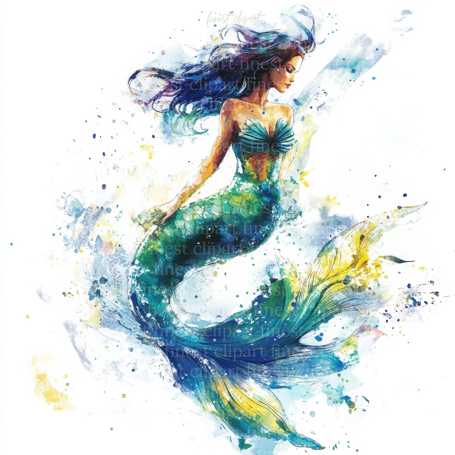 11 Colorful Mermaid Watercolor Clipart, Swimming Mermaids, JPG With ...