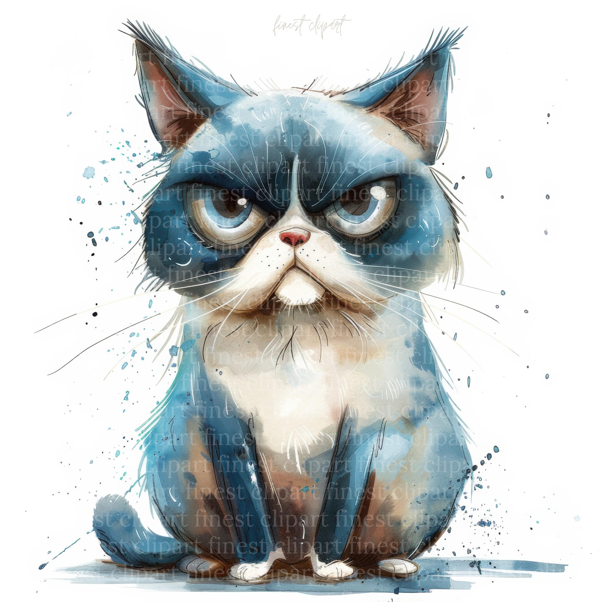 10 Grumpy Cartoon Cat JPG Clipart Set Annoyed Cat Watercolor Images ...