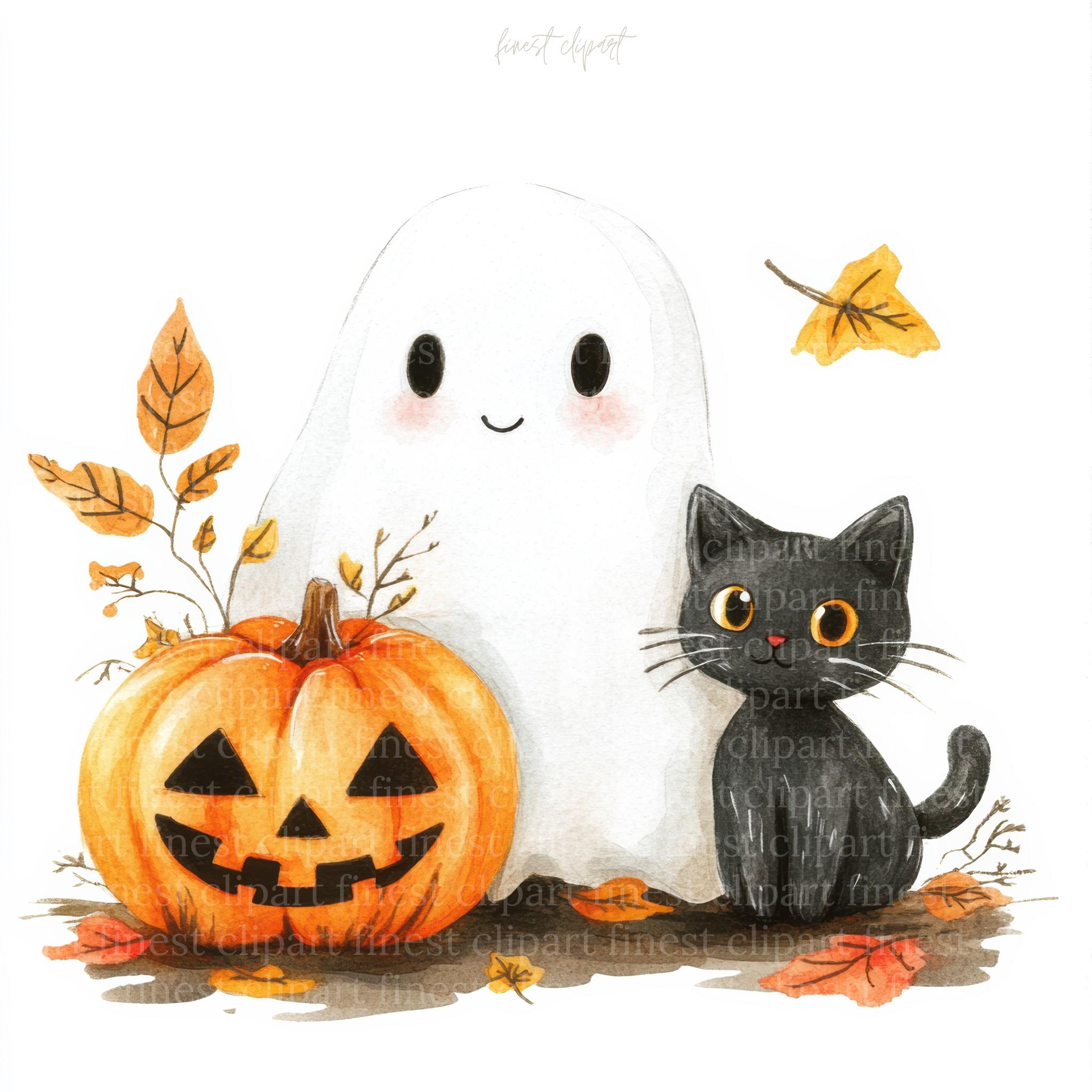 10 Cute Halloween Ghosts With Pumpkin and Cat Watercolor Clipart, JPG ...