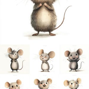 11 Cartoon Farm Mouse JPG Clipart Set, White Background, Cute Happy Sad ...