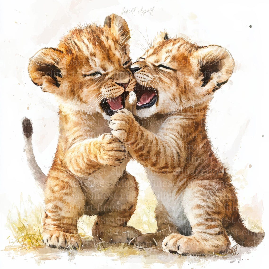 15 Cute Playing Lion Babies Watercolor Clipart, JPG With White ...