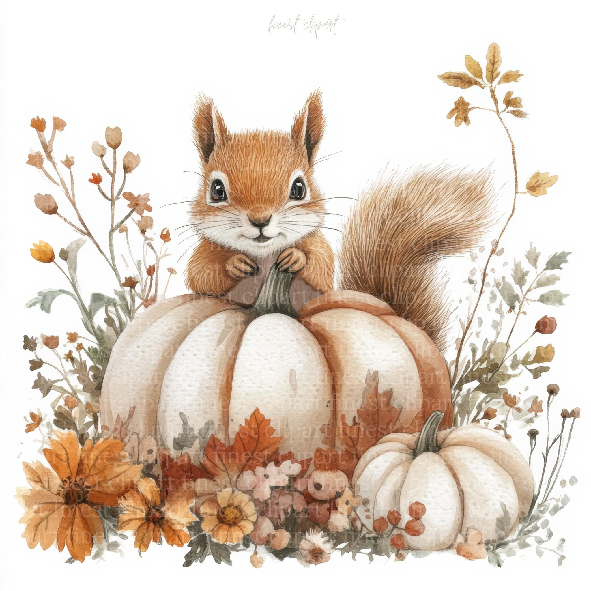 12 Autumn Pumpkins With Squirrel Watercolor Clipart, JPG on White ...