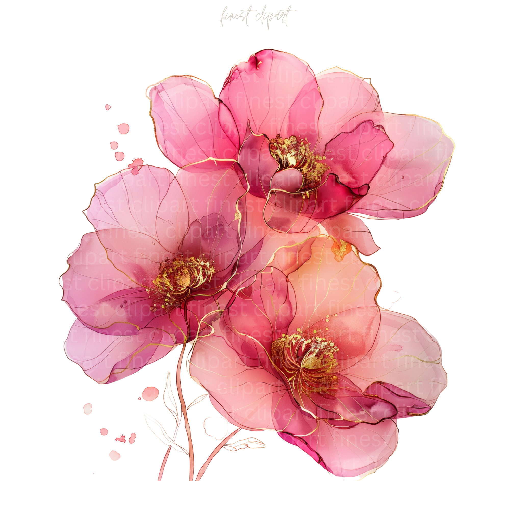 15 Abstract Watercolor Flower Clipart PNG Set - Pink and Gold Blossoms ...