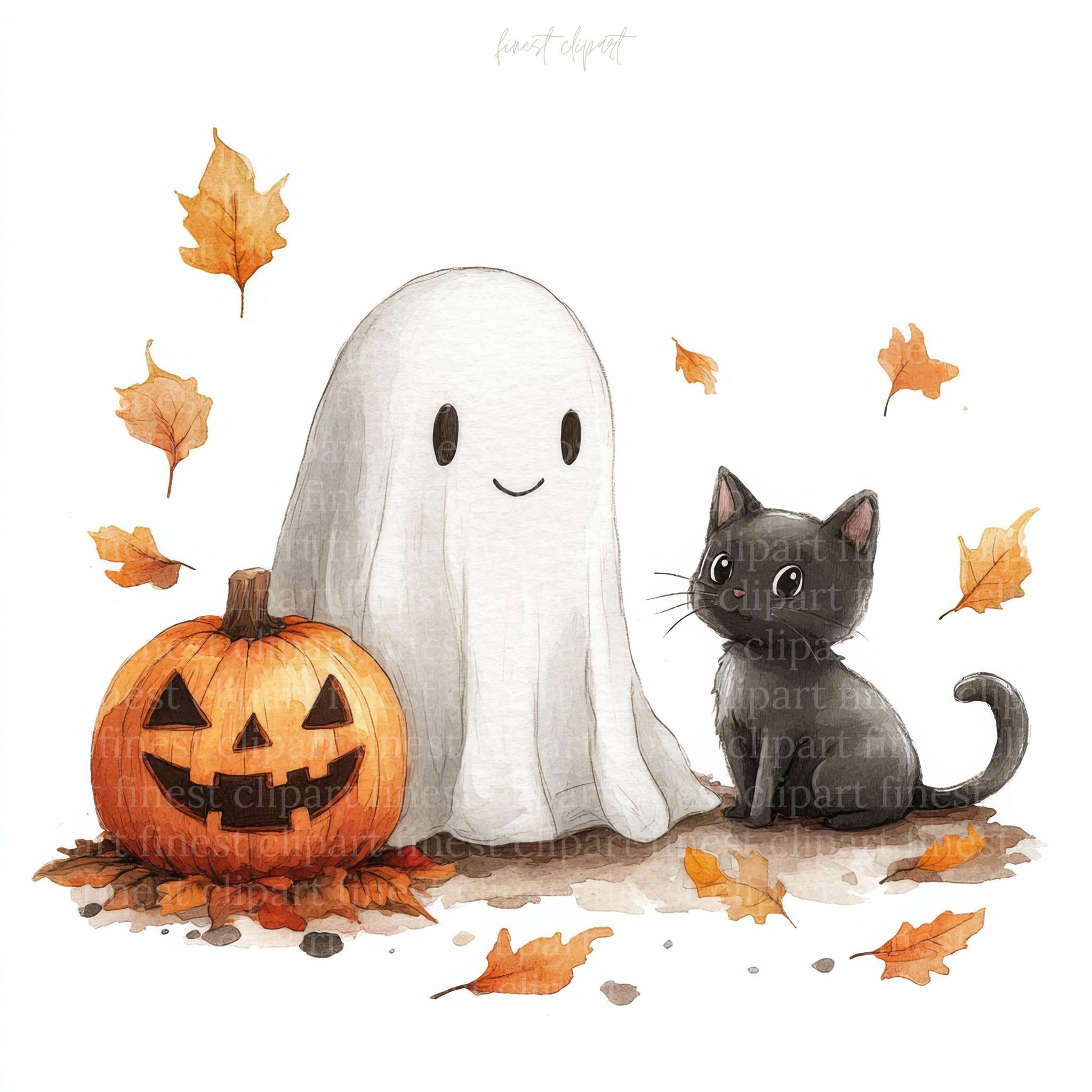 10 Cute Halloween Ghosts With Pumpkin and Cat Watercolor Clipart, JPG ...