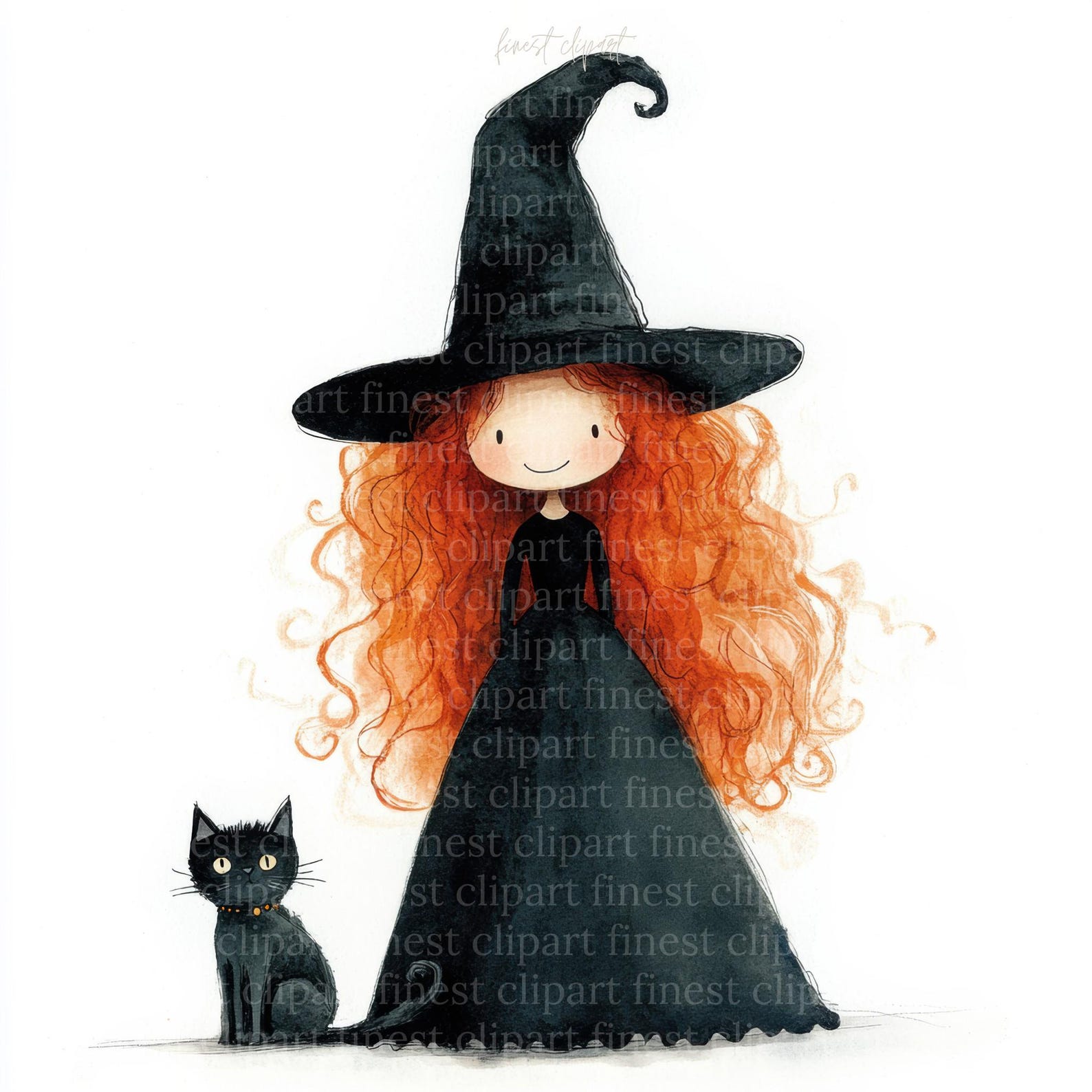 10 Cute Witch With Cat Watercolor Clipart, JPG, Halloween Images With ...
