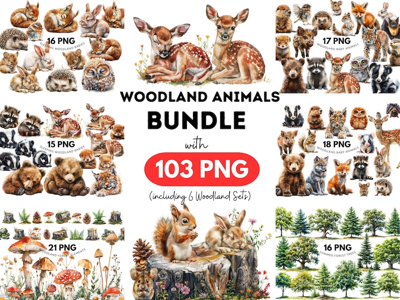 Woodland Mega Bundle: 103 Cute and Sleepy Baby Animals, Trees, and ...