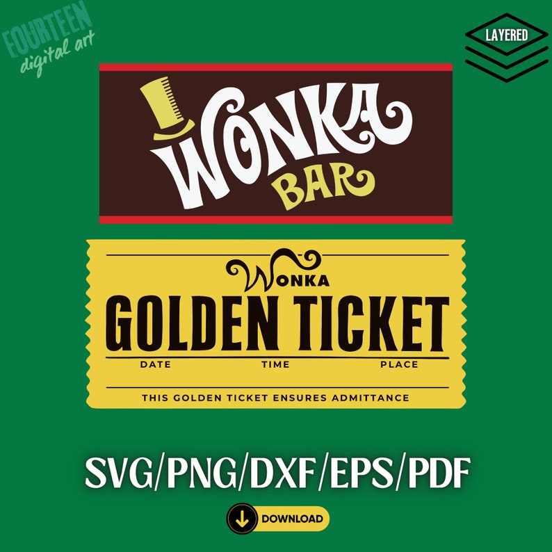 Wonka Golden Ticket, Wonka Chocolate Label, 2 Digital Designs, Cricut ...