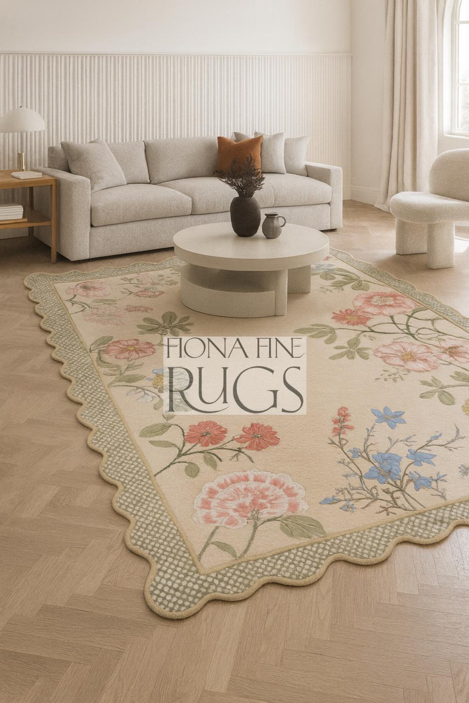 Hand Tufted Wool Floral Rug Vintage Cottagecore Scalloped Carpet for ...