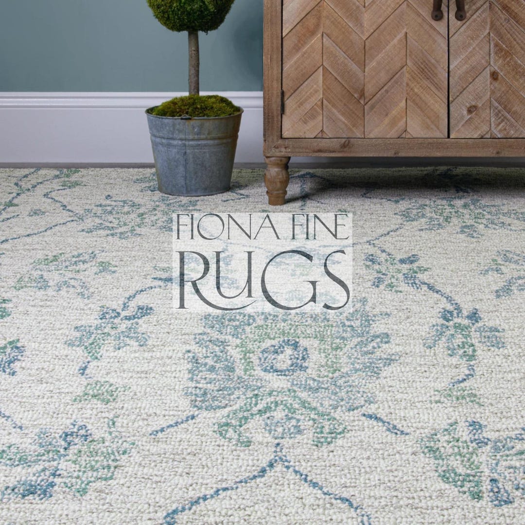 Hand Tufted Wool Loop Rug: Ivory, Green & Teal Floral Accent - Etsy