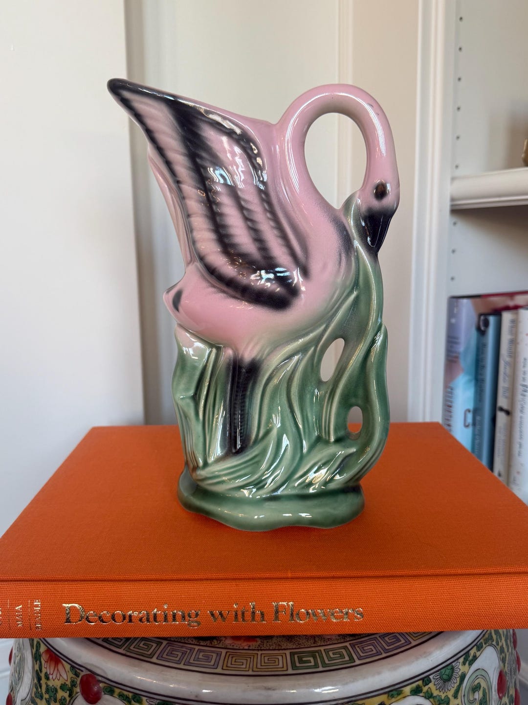 Vintage Majolica Flamingo Pitcher Pink & Green | Mid Century Tropical ...