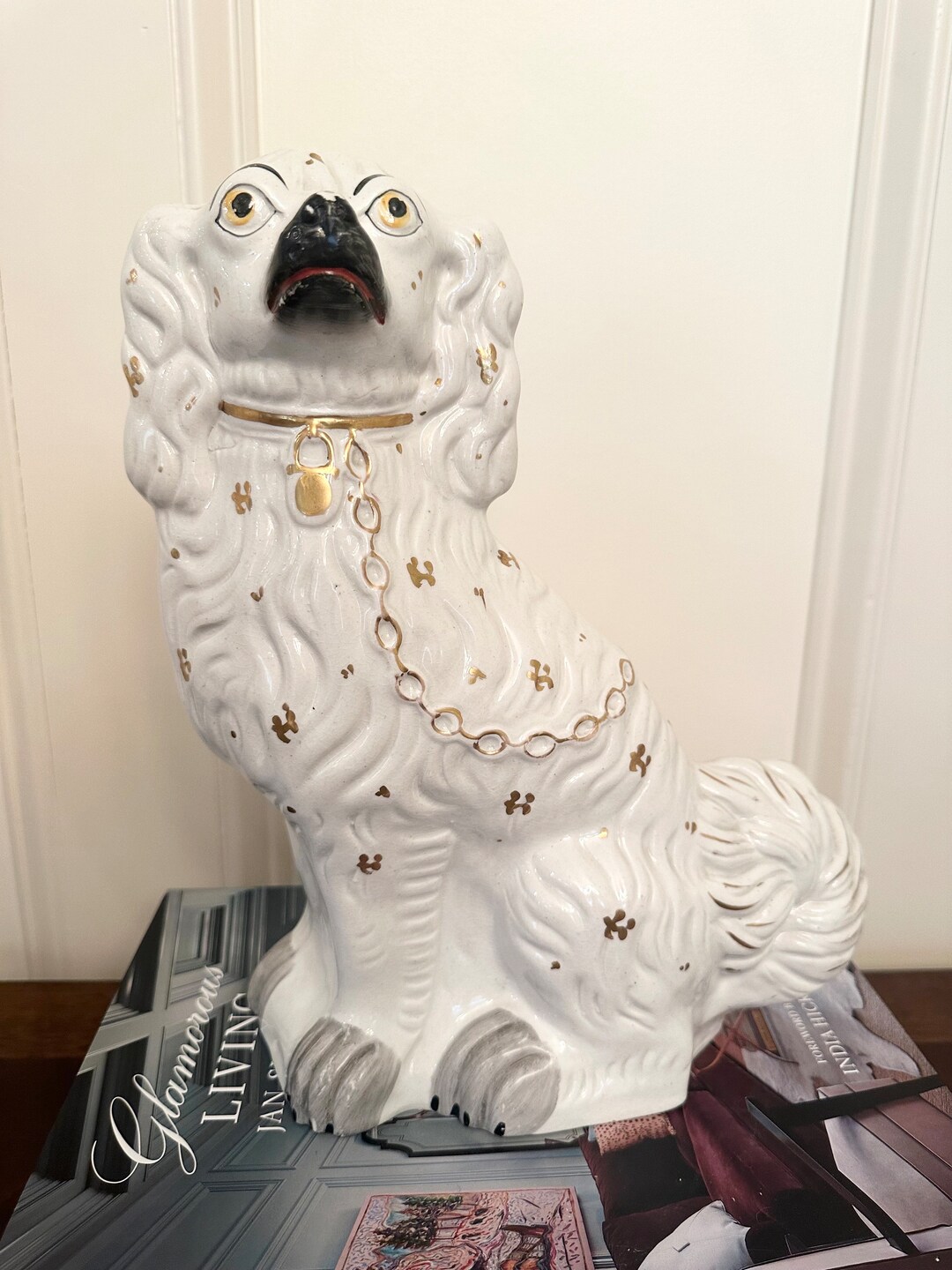 Large Antique Single White Black & Gold Staffordshire Dog - Etsy
