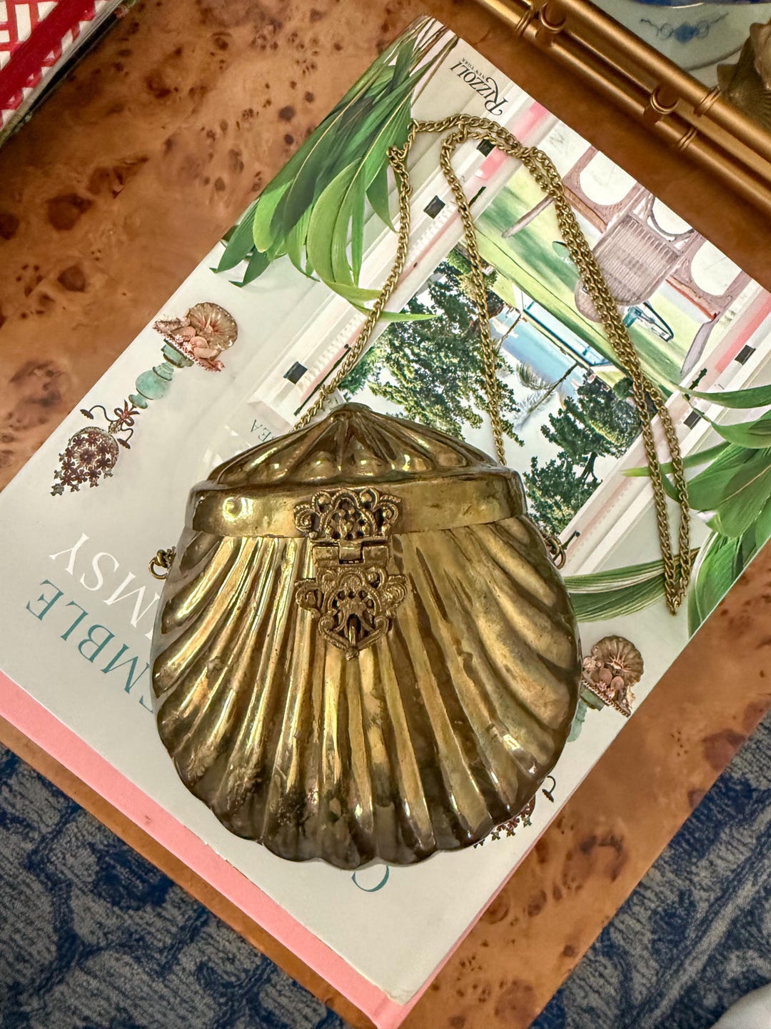 Vintage Brass Seashell Clam Shell Hinged Top Purse Clutch Shoulder Bag ...