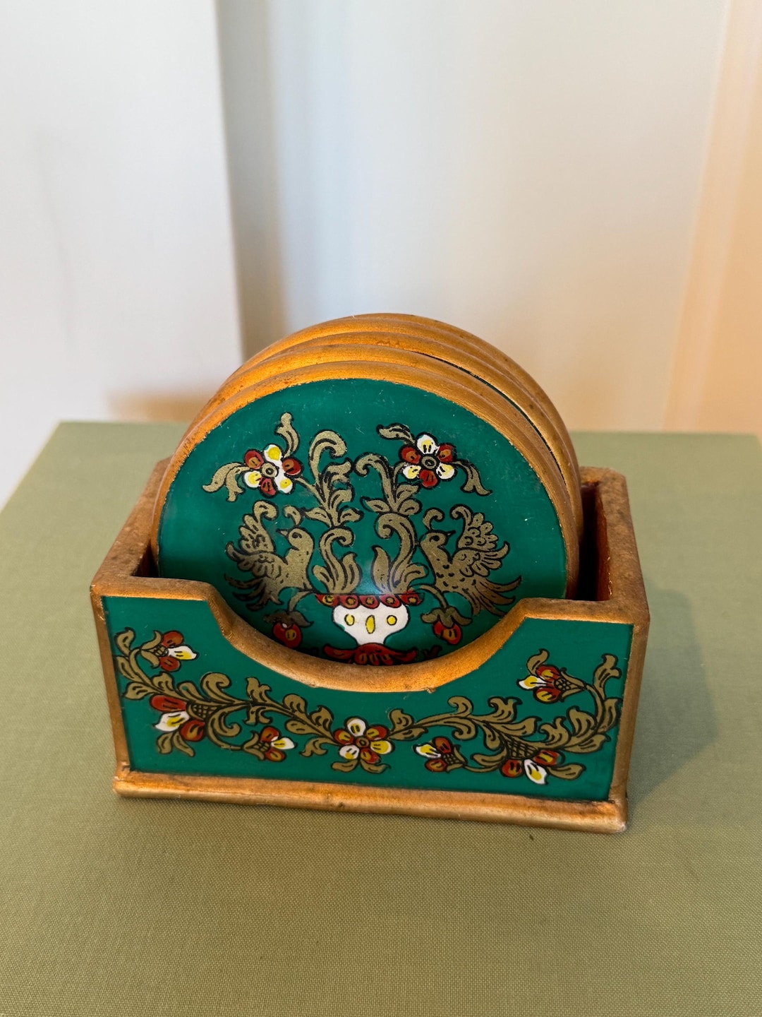 Vintage Hand Painted Wood Coasters Set of 5 W Holder | Green Gold ...