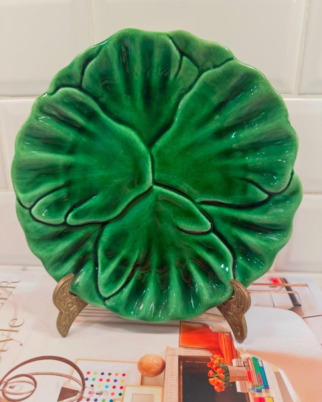 Single Vintage Round Leaf Plate Green High Glaze With Scalloped Edge by ...