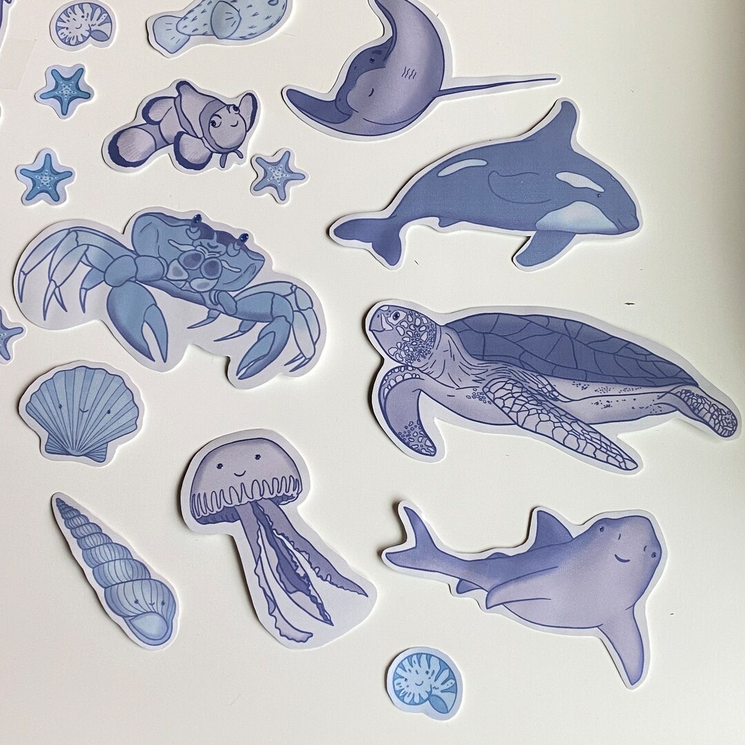 Creatures of the Sea - Monochrome Waterproof Vinyl Stickers Pack of 15 ...