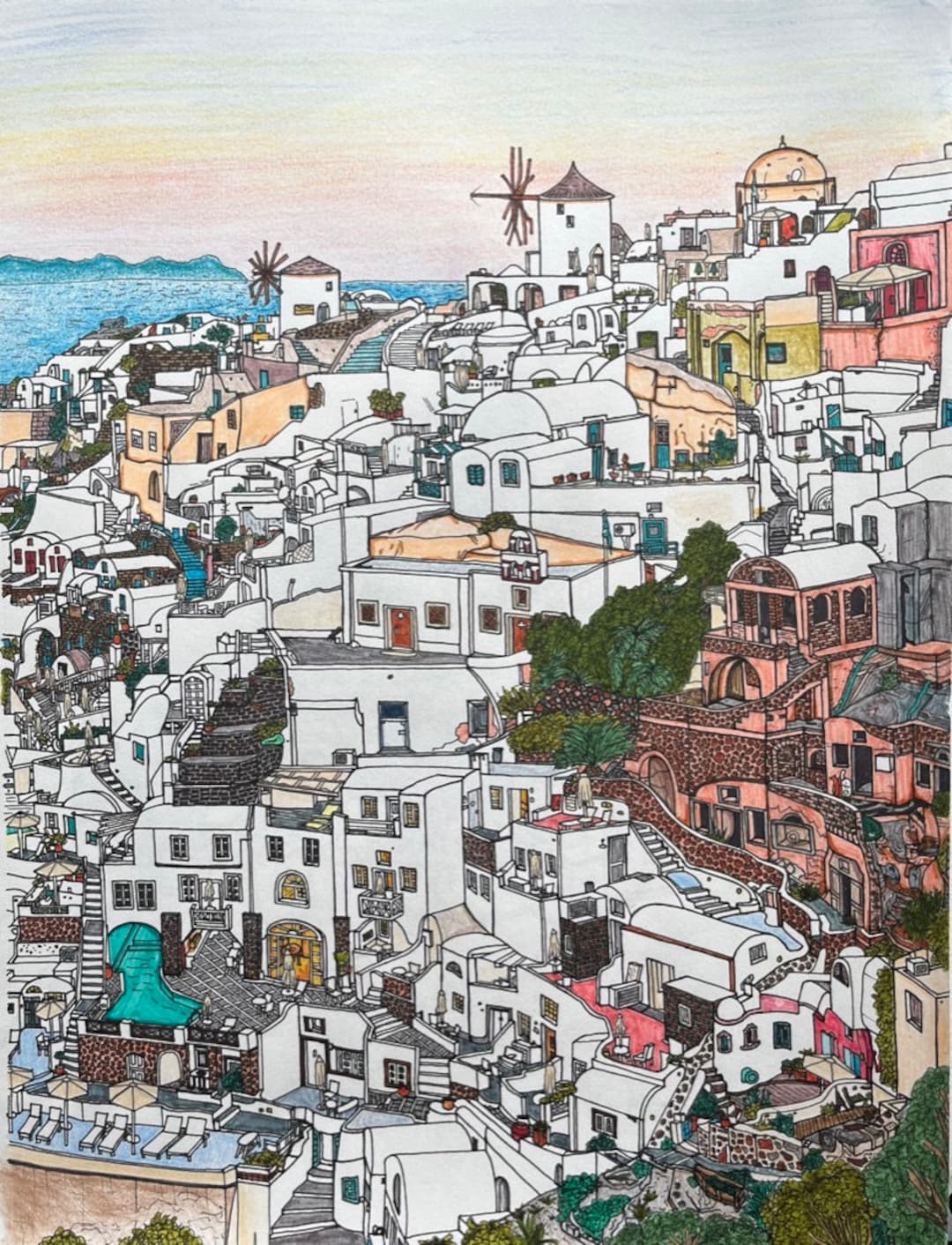 Santorini Greece Drawing - Etsy