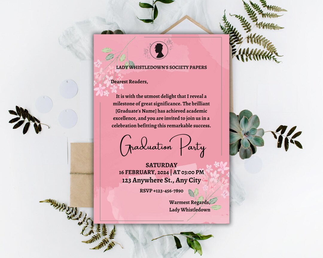 PINK Lady Whistledown Bridgerton Style Graduation Party Invitation ...