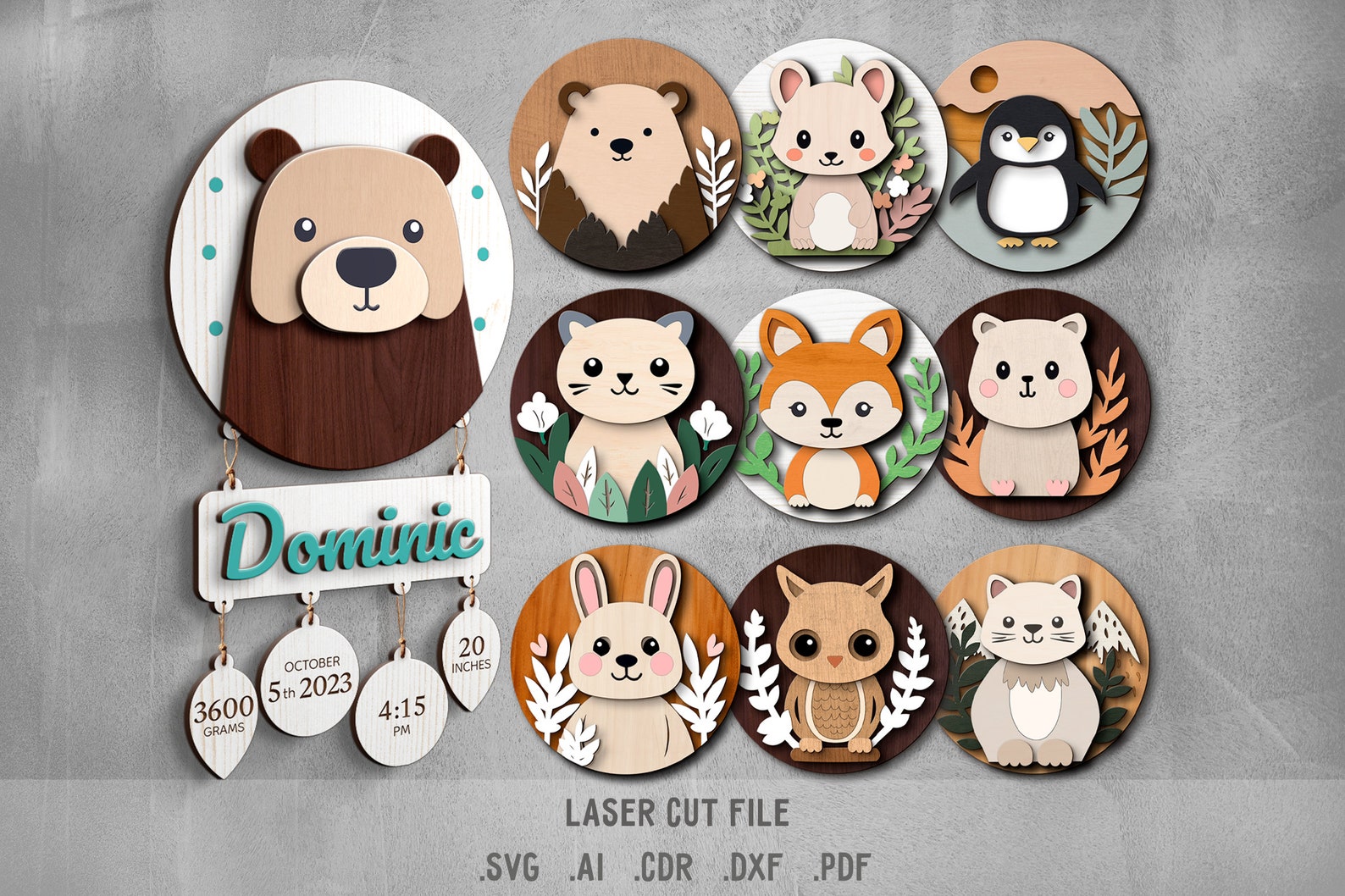 Baby Name Sign SVG Bundle. Laser Cut File for Glowforge. Cute Animals ...