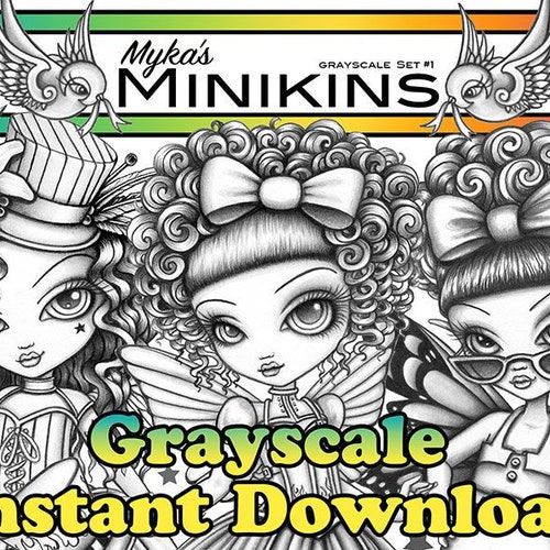 Set 2 Mykas Minikins Grayscale Instant Download Coloring - Etsy