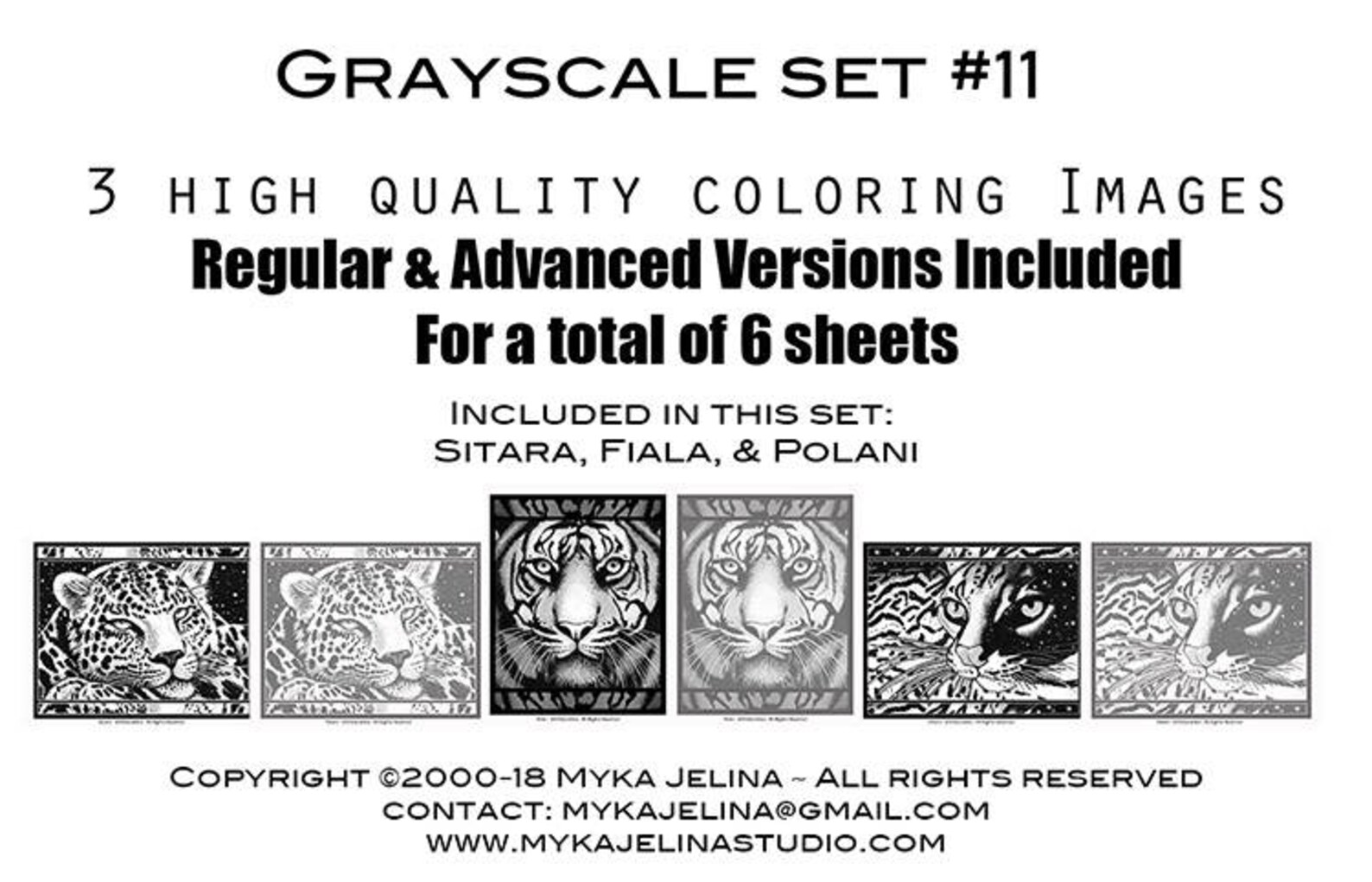 Grayscale Set 11 - Big Cats - Printable Coloring Book - Myka Jelina Art ...