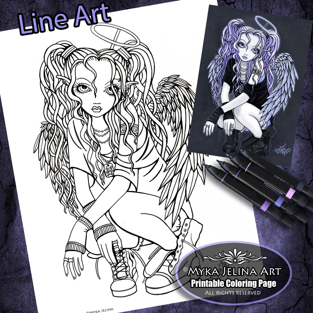 Gothic Halo Angel Angelina Line Art Digital Download Coloring Page Myka ...