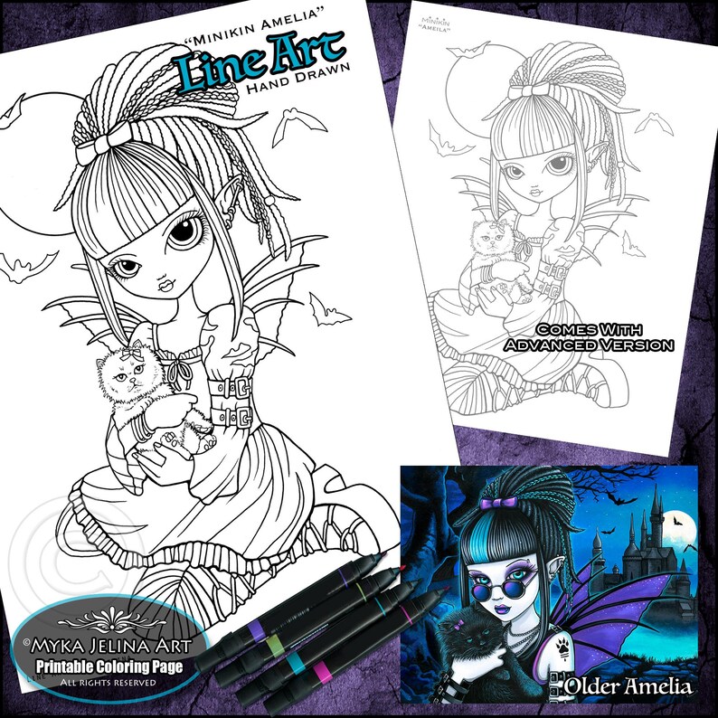 Gothic Bat Fairy Coloring Page: Big Eyed Cat Familiar (instant Download ...