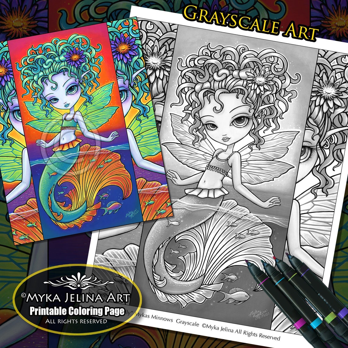 Mermaid Tilly Grayscale Coloring Page: Tropical Fantasy Art (digital ...
