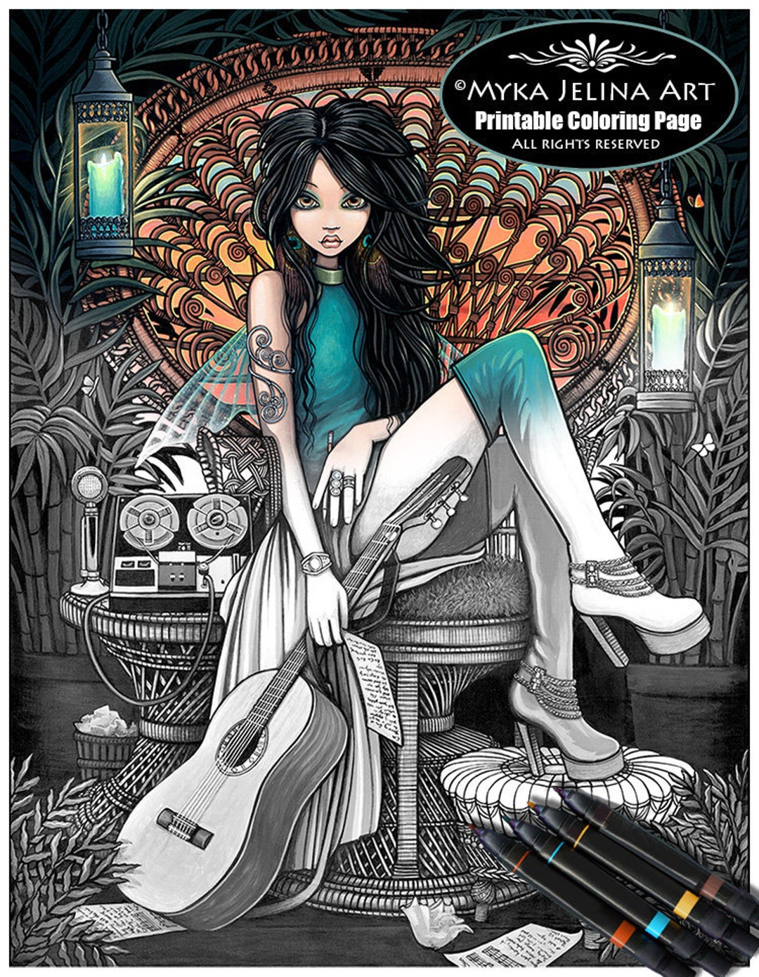 Aria - Grayscale - Digital Download - Coloring Page - Bohemian Fairy ...