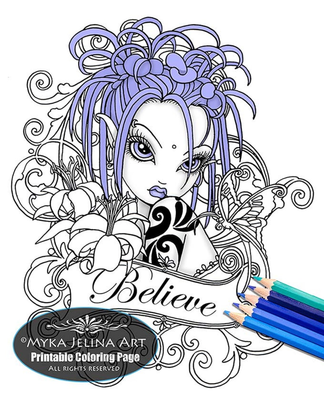 Gothic Flower Fairy Believe Line Art Sophialily Printable Coloring Page ...