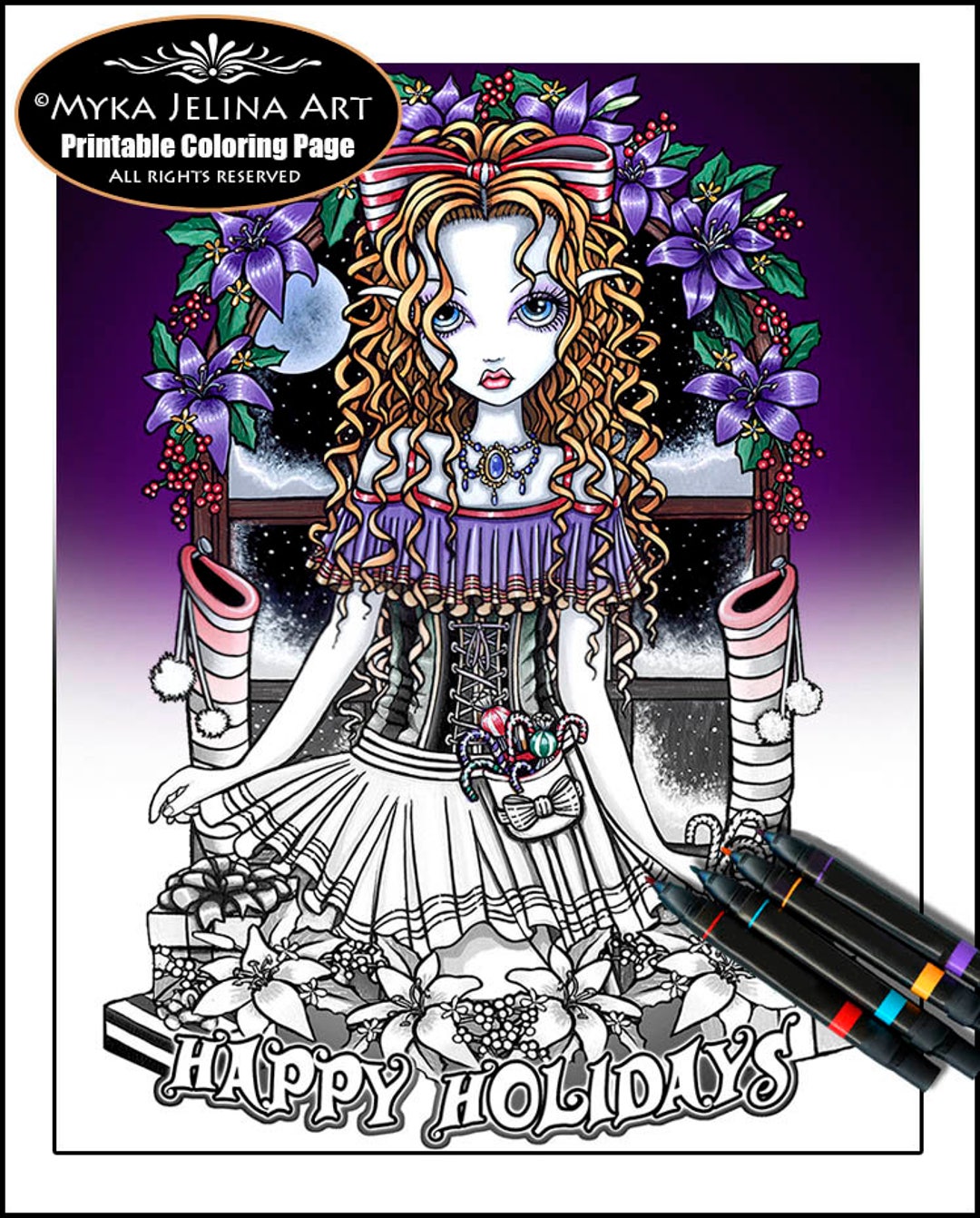 Holly - Grayscale - Digital Download - Coloring Page - Myka Jelina Art ...