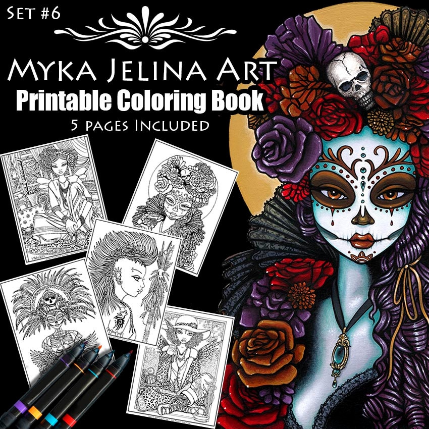 Set 6 - Printable Coloring Book - Myka Jelina Art - Fantasy Coloring ...