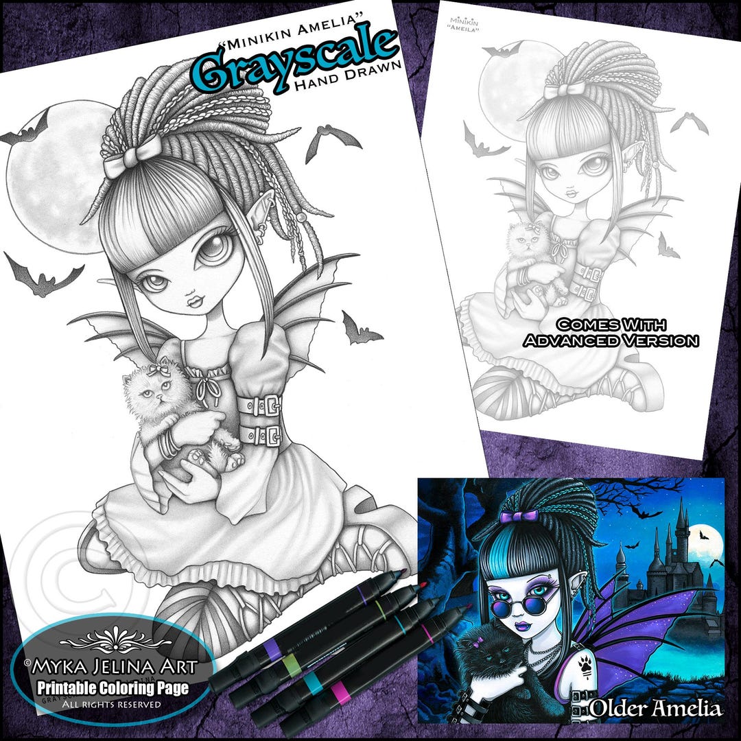 Gothic Fairy Coloring Page: Bat Cat Familiar, Grayscale Art (instant ...