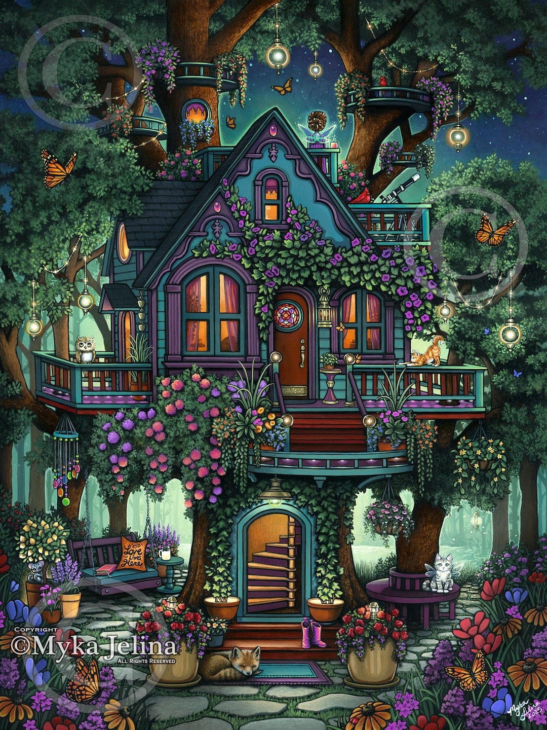 Cottage Tree House Art Print: Fantasy Fairy Garden Scene - Etsy