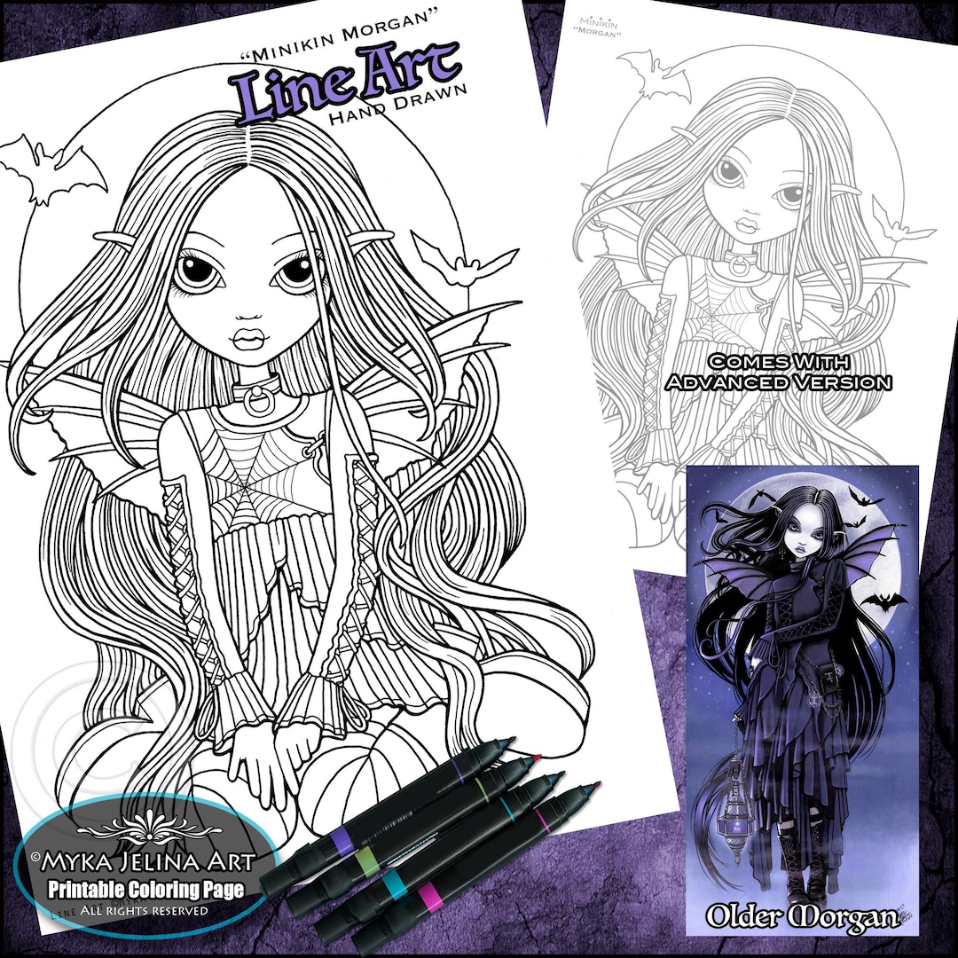 Gothic Bat Moon Fairy Coloring Page: Minikin Morgan Line Art (instant ...