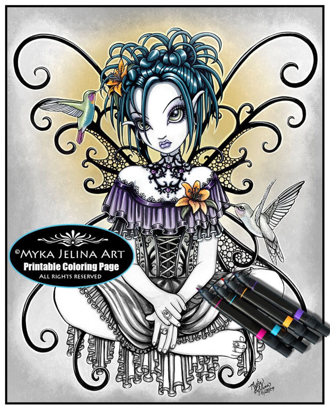 Lillian - Grayscale - Digital Download - Coloring Page - Hummingbird ...