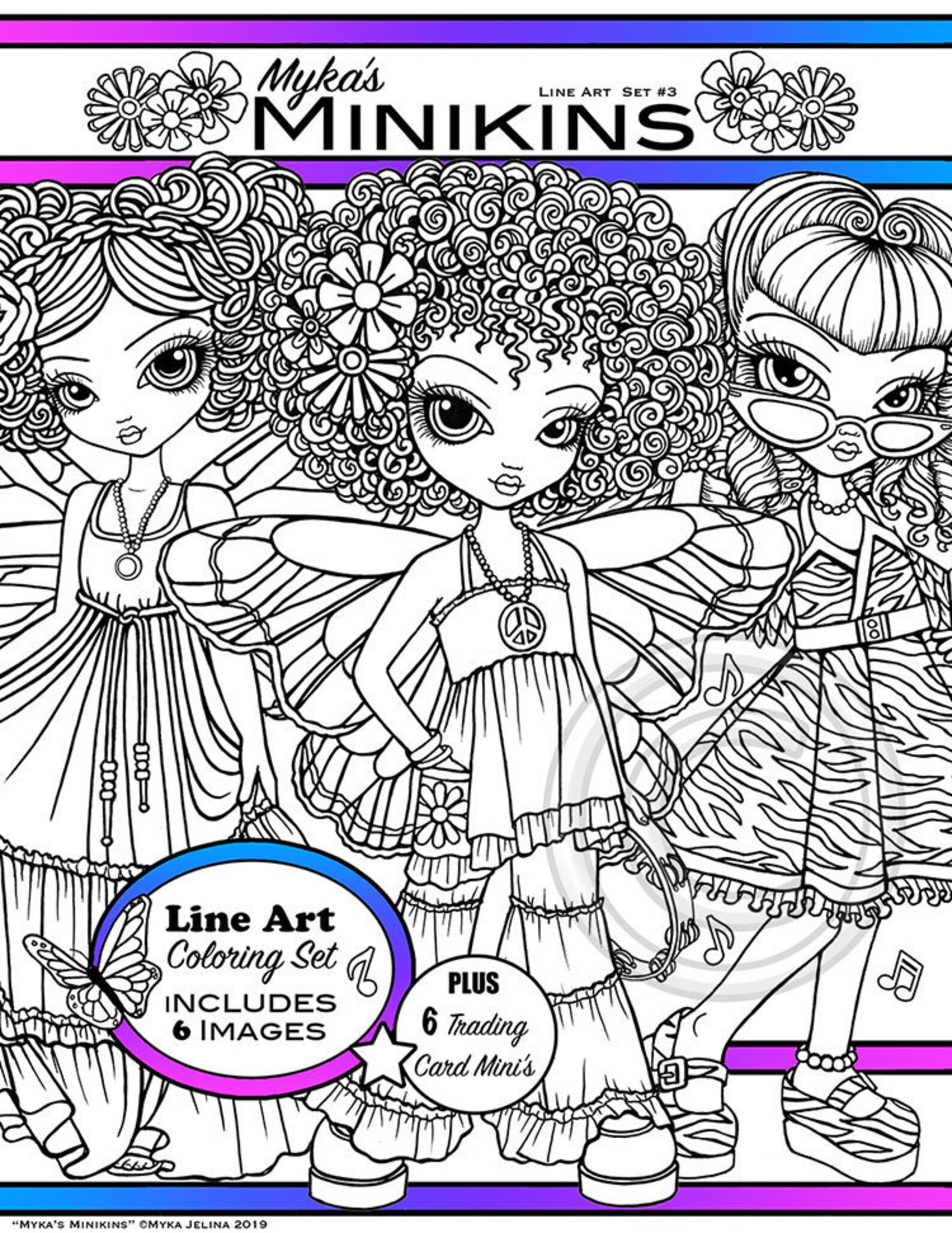 Set 3 Mykas Minikins Line Art Premium Loose Leaf Coloring | Etsy