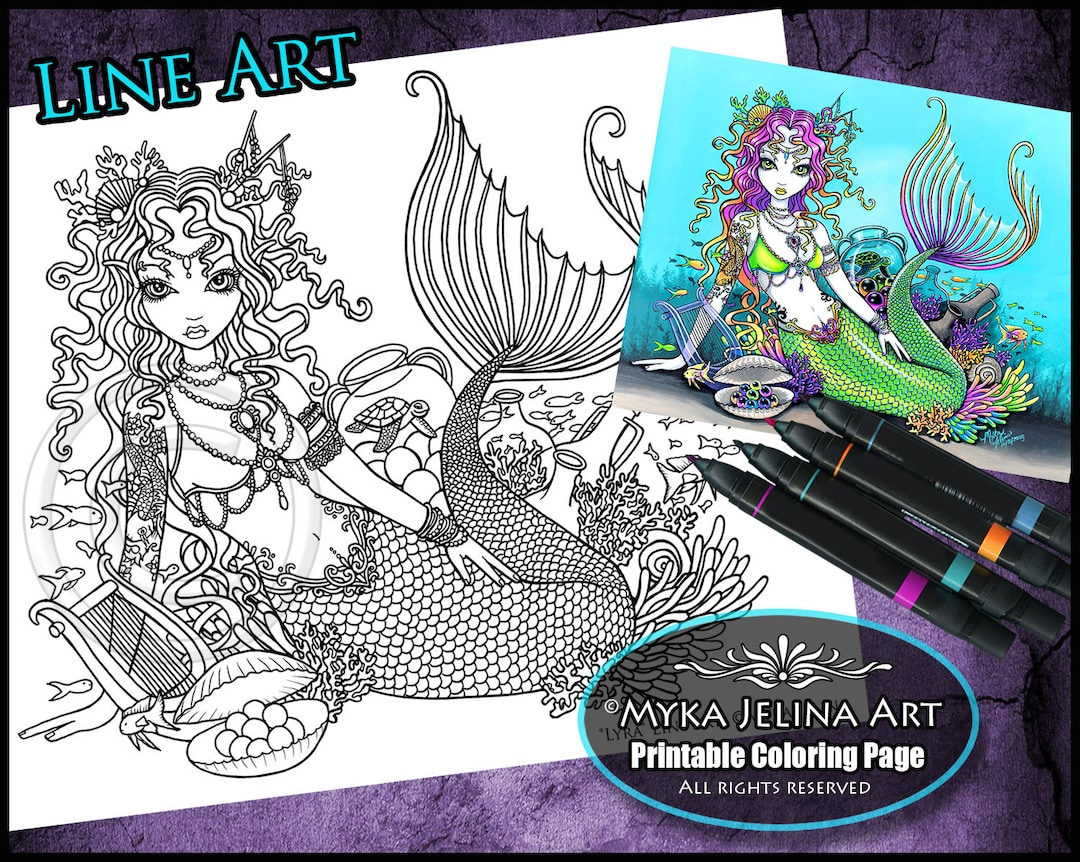 Lyra Line Art Coloring Page Download Mermaid Ocean Seascape Turtle Fish ...